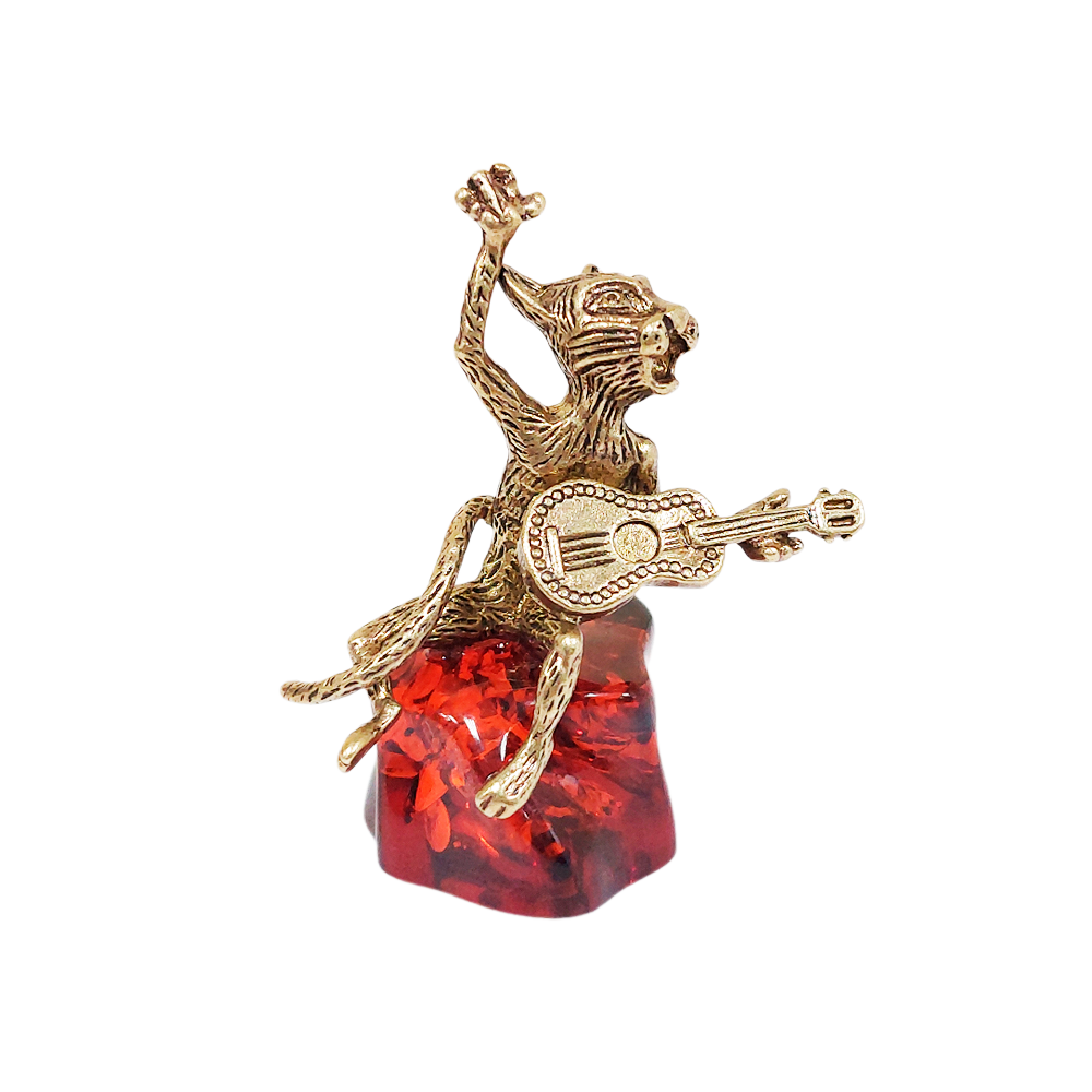 Фигурка из бронзы ручной работы "Кот певец с гитарой", с янтарём