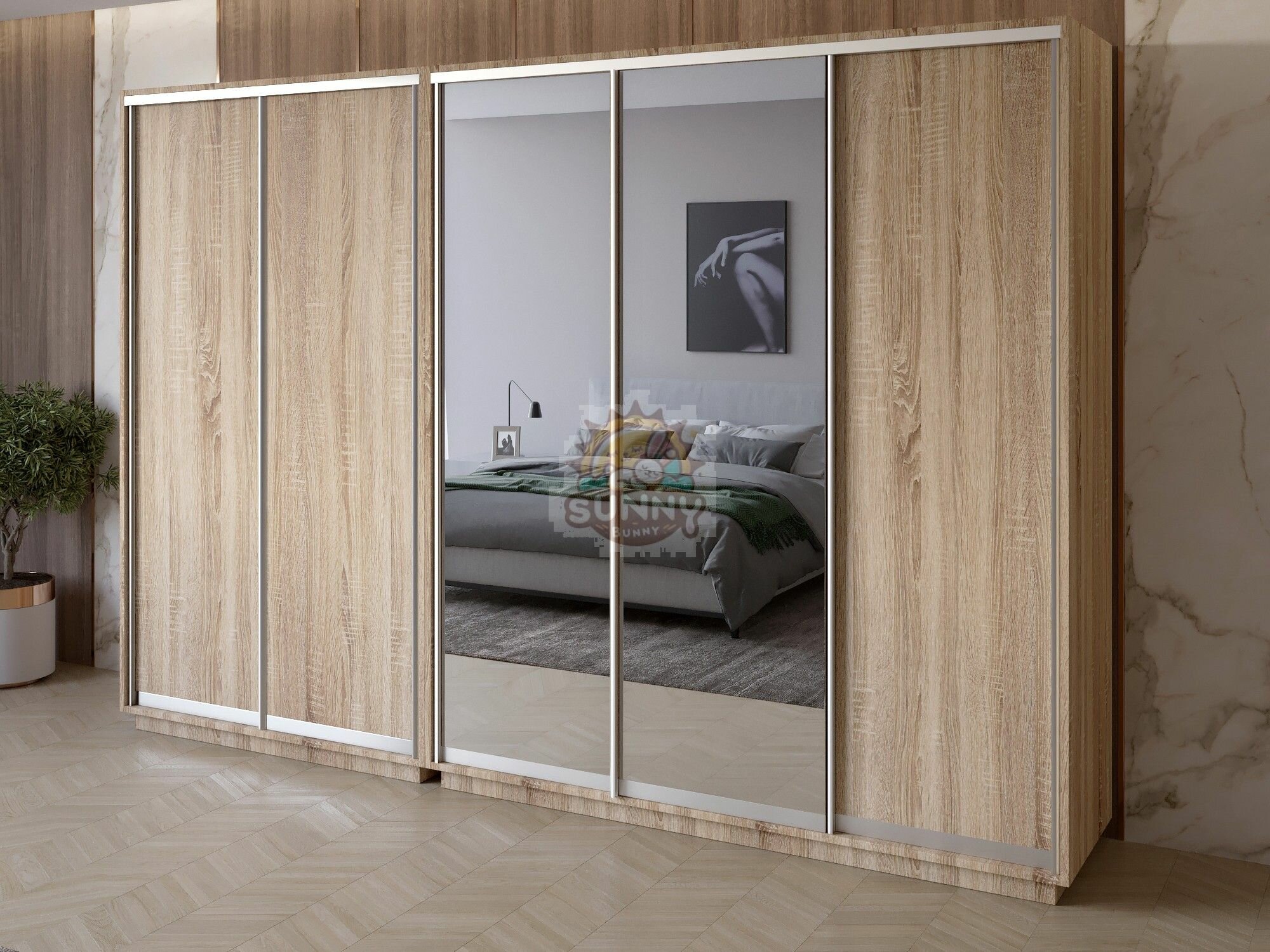 Шкаф-купе Вилли 5-ти дверный модульный (2+3) ЛДСП-3/Зеркало-2, профиль серебро, 300х60х220 см. Дуб Сонома