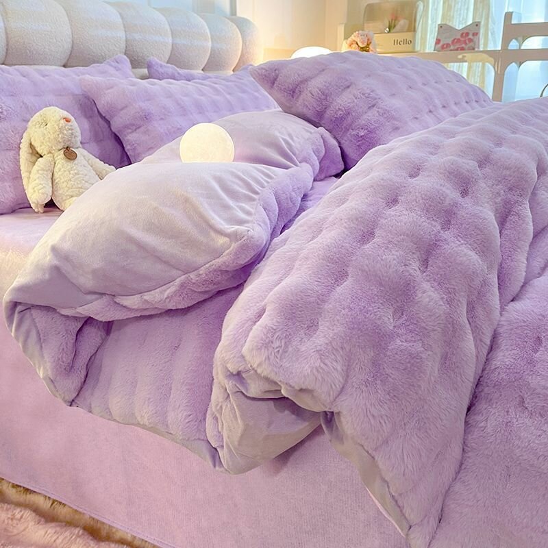 Пододеяльник из кроличьего меха, цельный, комплект из четырех предметов из утолщенного молочного велюра, плюшевый фланелевый пододеяльник, плюшевая простыня из кораллового флиса для зимы.