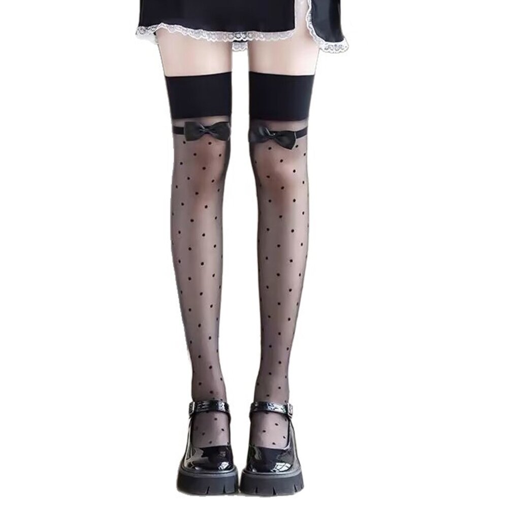 Летние ультратонкие чулки выше колена с бантом в горошек-черный