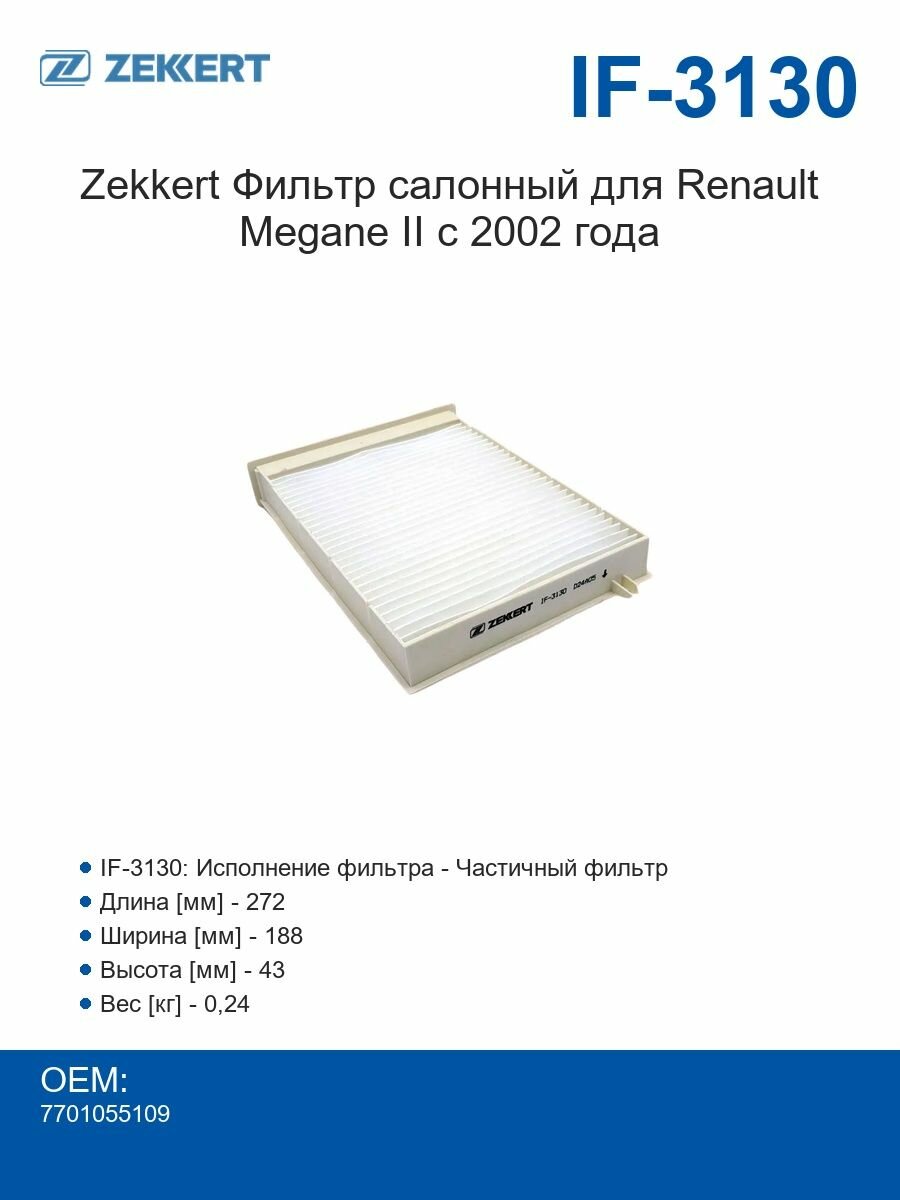 Zekkert Фильтр салонный для Renault Megane II с 2002 года