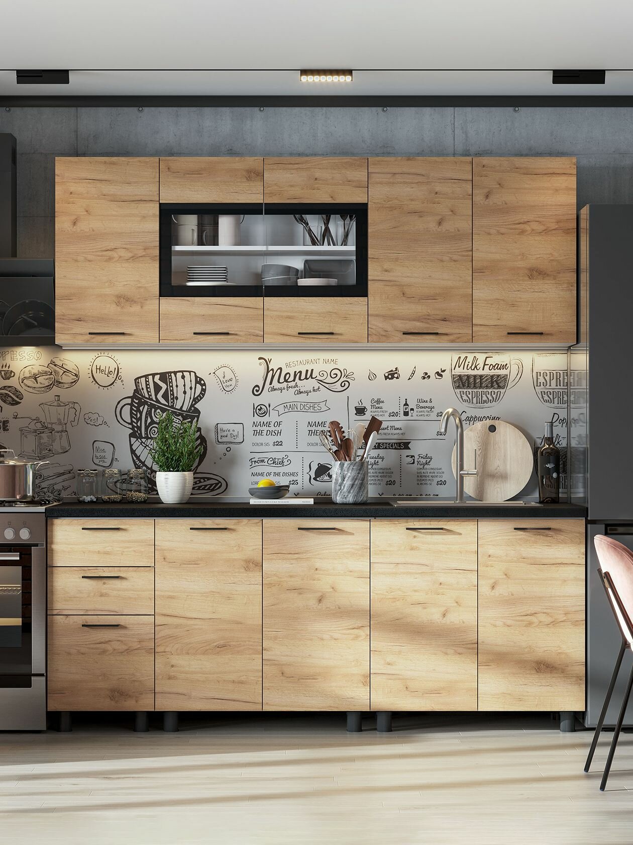 Кухонный гарнитур Аризона 2 м, мебель для дома и кухни, Белый / Дуб золотой / столешница Черный