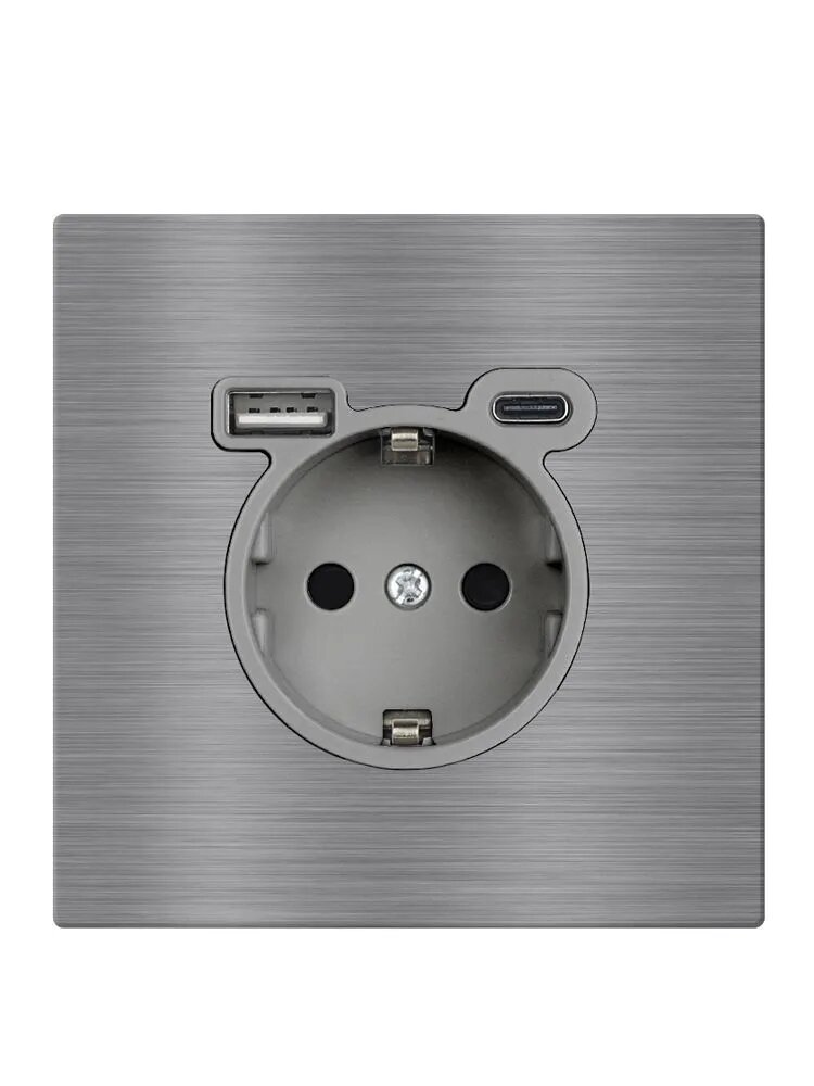 Розетка одинарная с USB и type-C входами, 1 пост рамка из алюминиевого сплава 82mm*82mm, цвет серый.