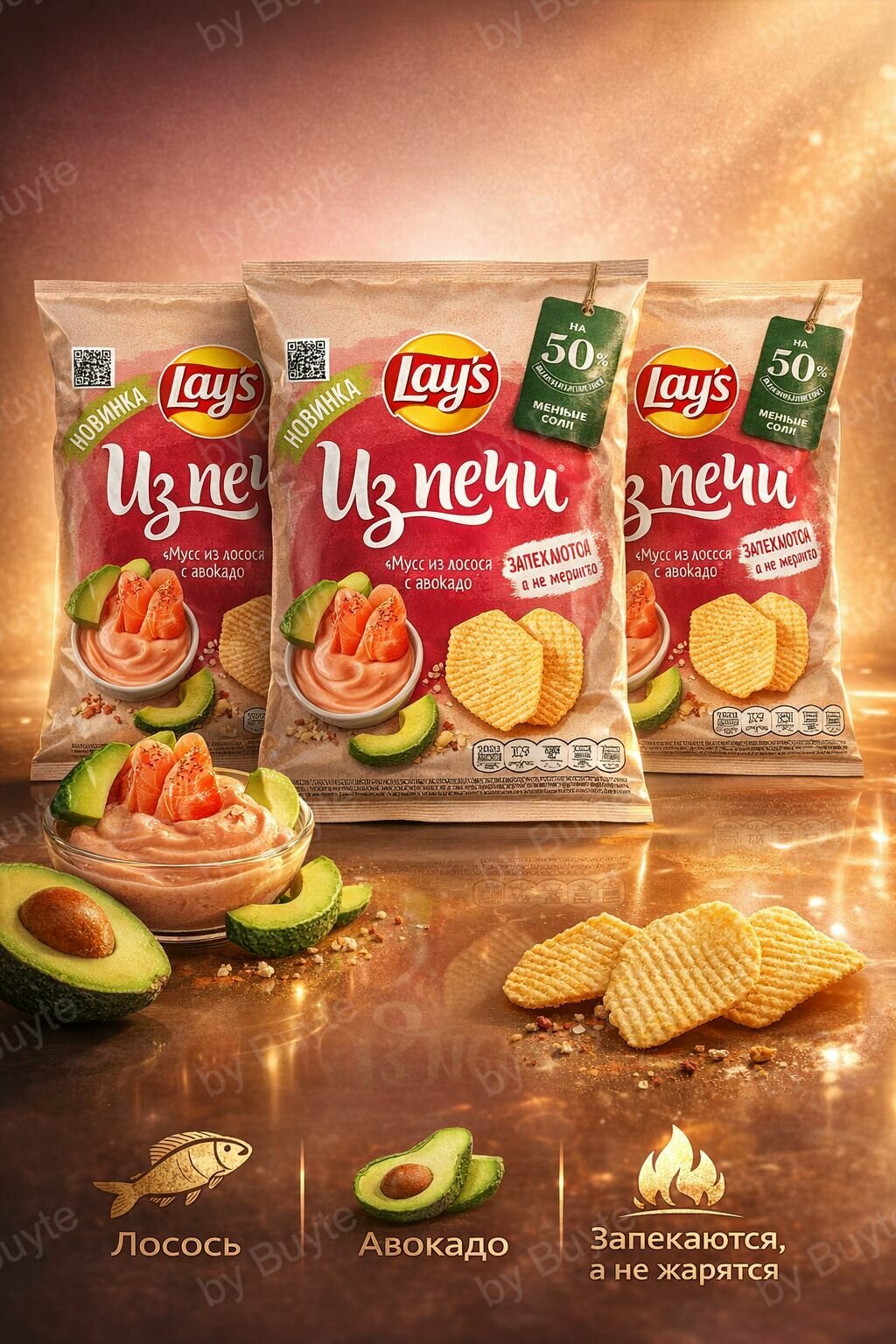 Чипсы запеченные картофельные Lay's/ Лейс Из печи Мусс из лосося с авокадо, 3 по 81г