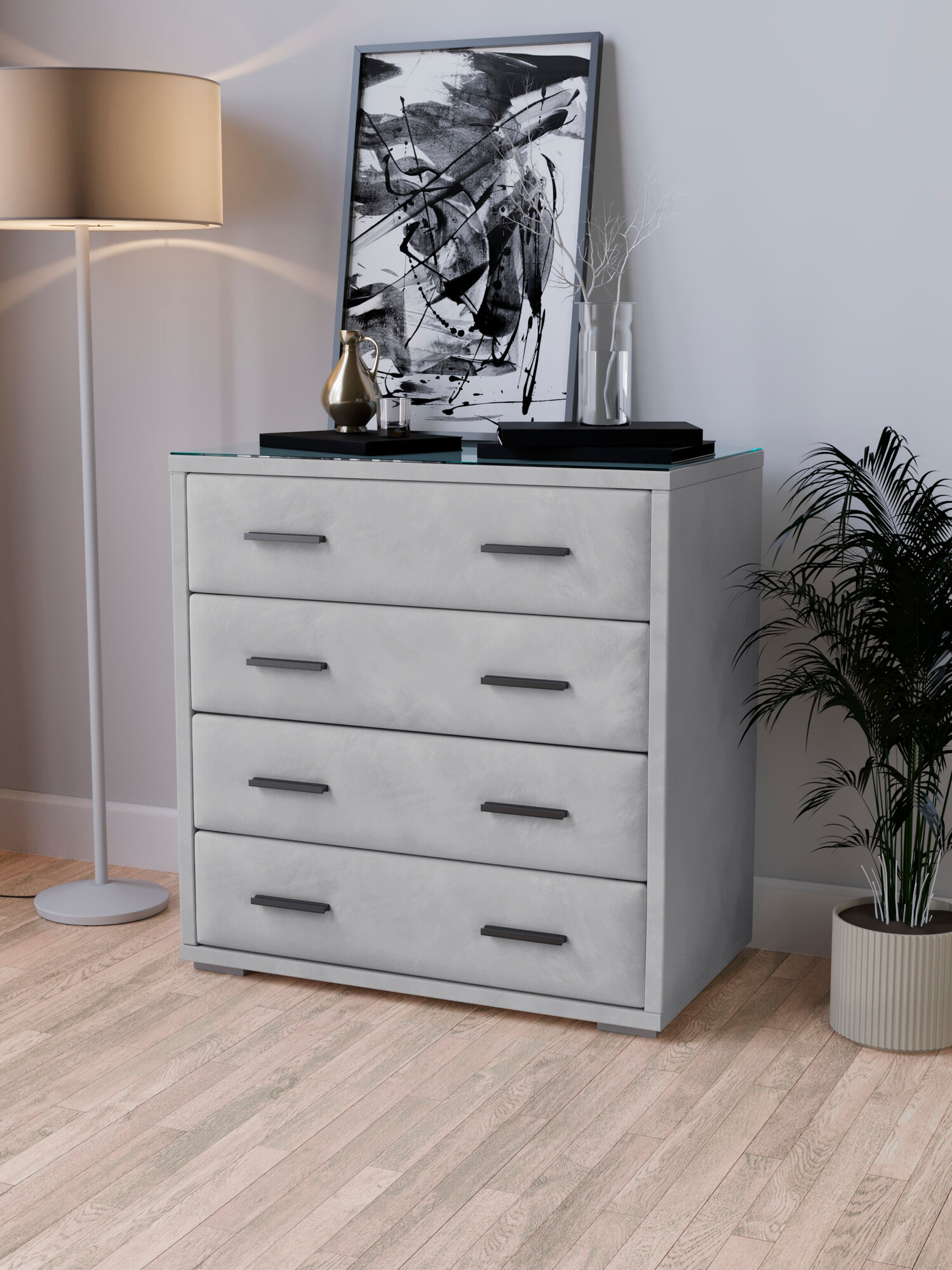 Интерьерный комод с мягкой обивкой из велюра от Тэкс светло-серый 825х800х460 мм