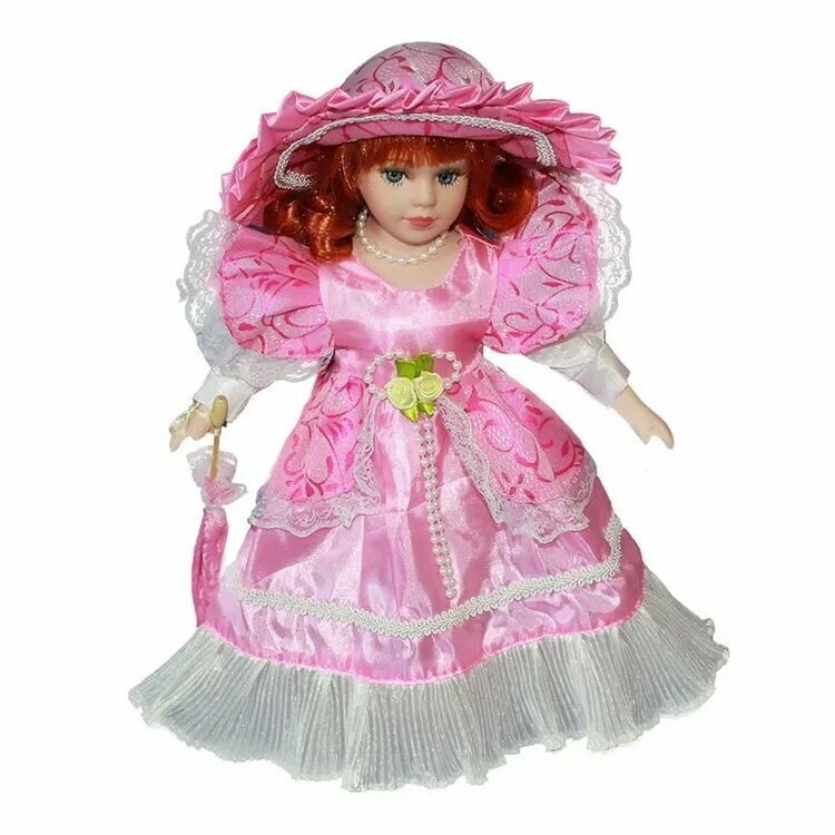 Фарфоровая кукла 30 см в зимнем наряде с деревянным кронштейном и клетчатым платьем