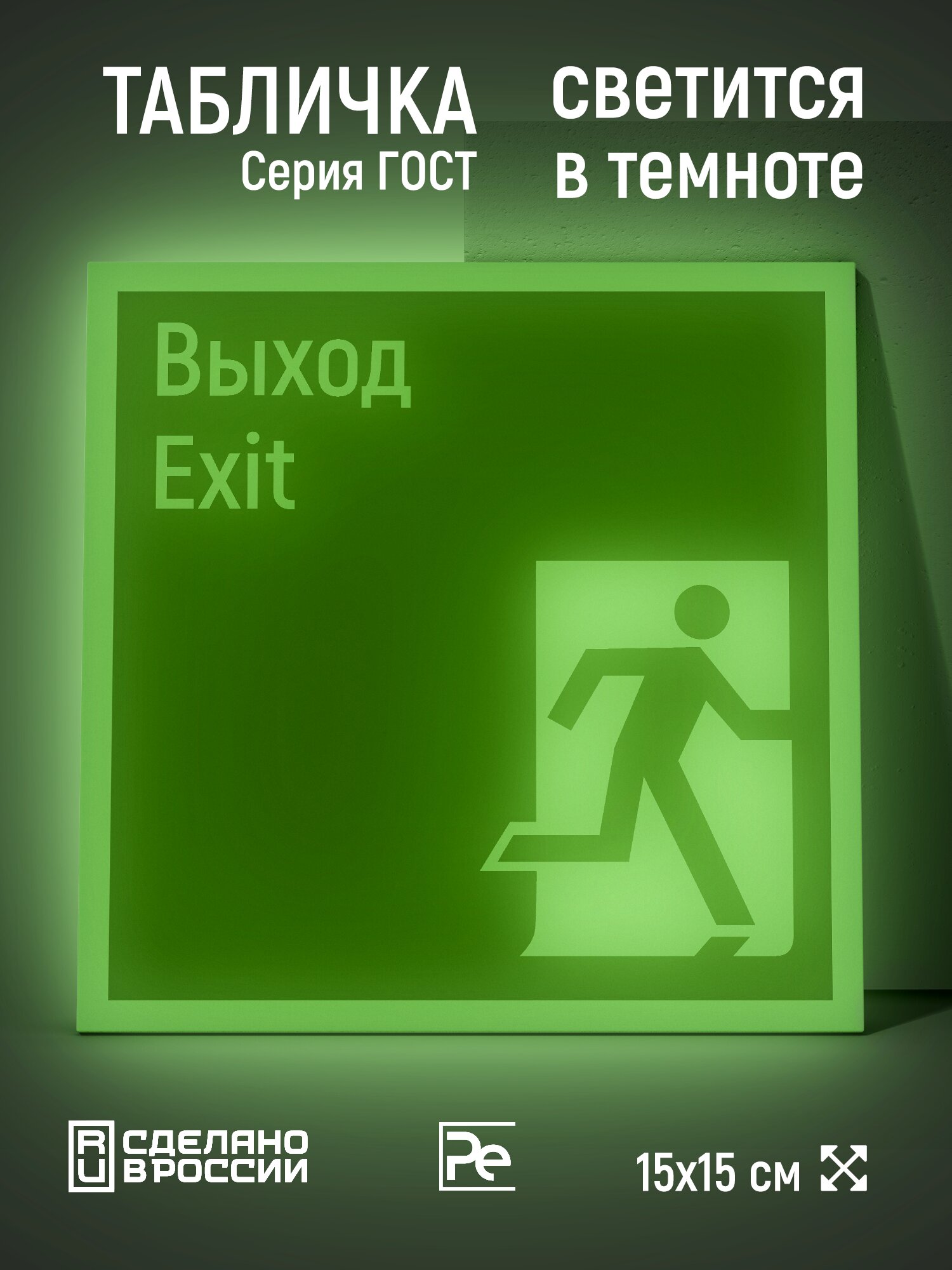 Табличка Выход exit, на дверь и стену, навигационная и информационная, серия ГОСТ, 15х15 см