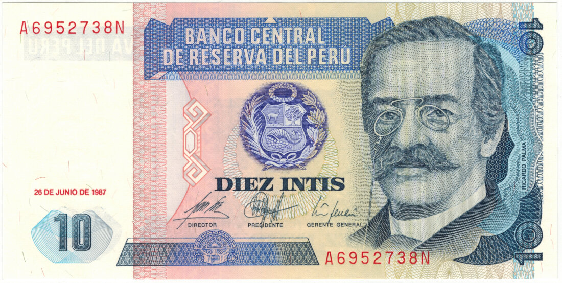 Купюра. Перу. 10 инти. 1987 год. Пресс. Без оборота.