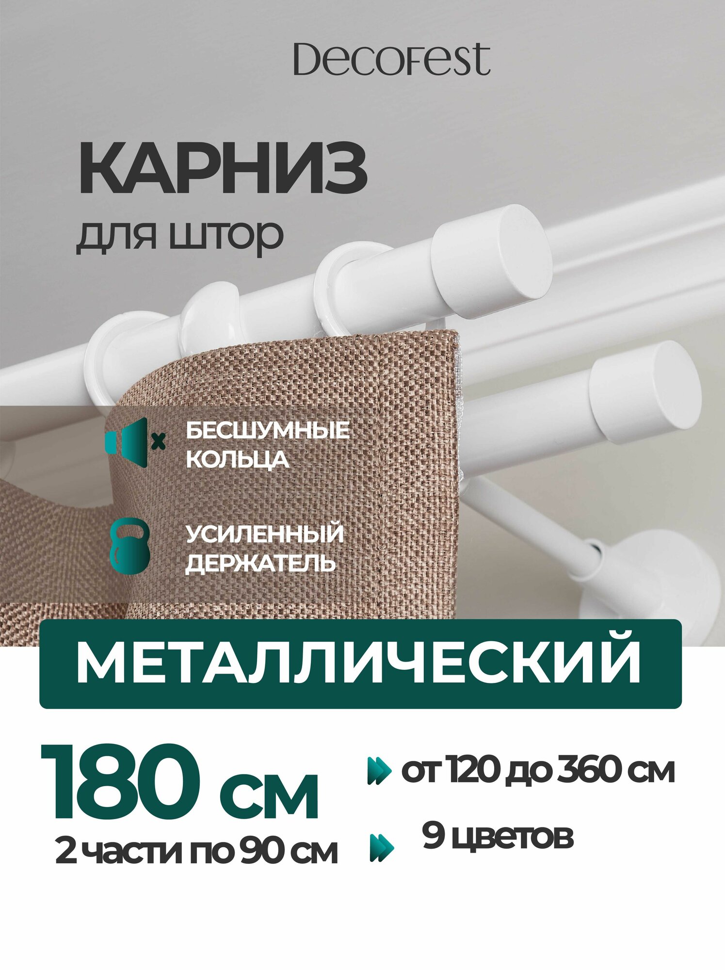 Карниз для штор двухрядный металлический составной 180 см SET Белый, гардина настенная