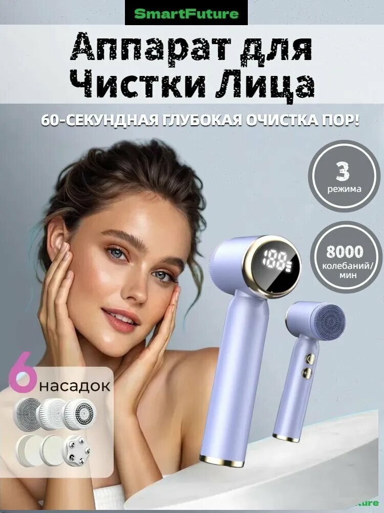 Многофункциональный аппарат для чистки лица с холодным/горячим прогревом, 6 насадок, дисплей, беспроводная зарядка, фиолетовый