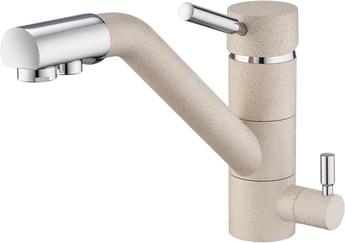 Смеситель для кухни Emar Quartz 3008 с краном для питьевой воды, с поворотным изливом, бежевый, матовый, однорычажный, латунный, с керамическим картриджем