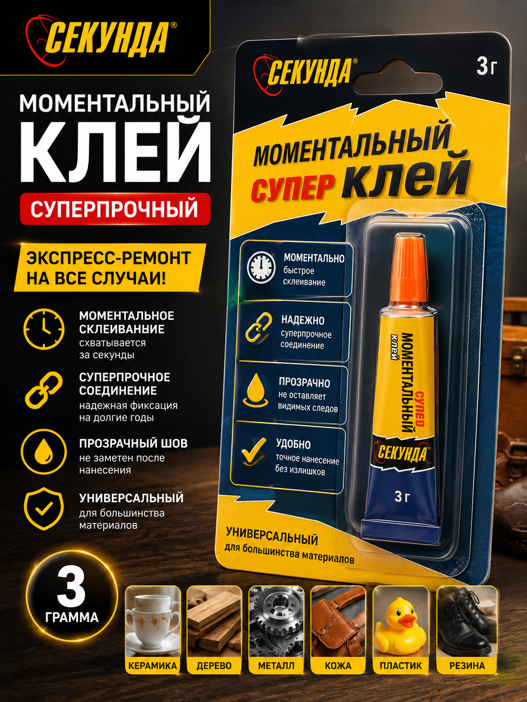 Клей моментальный 3г секунда универсальный в индивидуальном блистере 403-103 для экспресс-ремонта