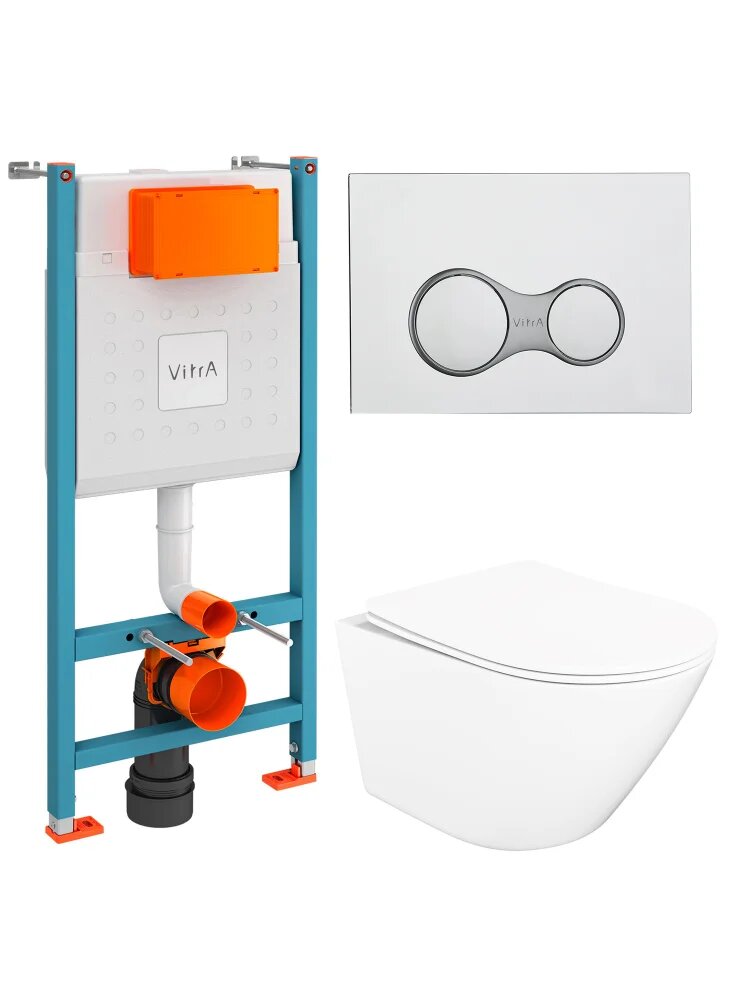 Комплект 4 в 1: Инсталляция VitrA Ви-Фикс Кор (V-Fix Core) 732-5800-01 / Унитаз подвесной STWORKI Левангер S07401WH безободковый, с микролифтом / Кнопка Сириус (Sirius) 740-0480, глянцевый хром, Комплект креплений