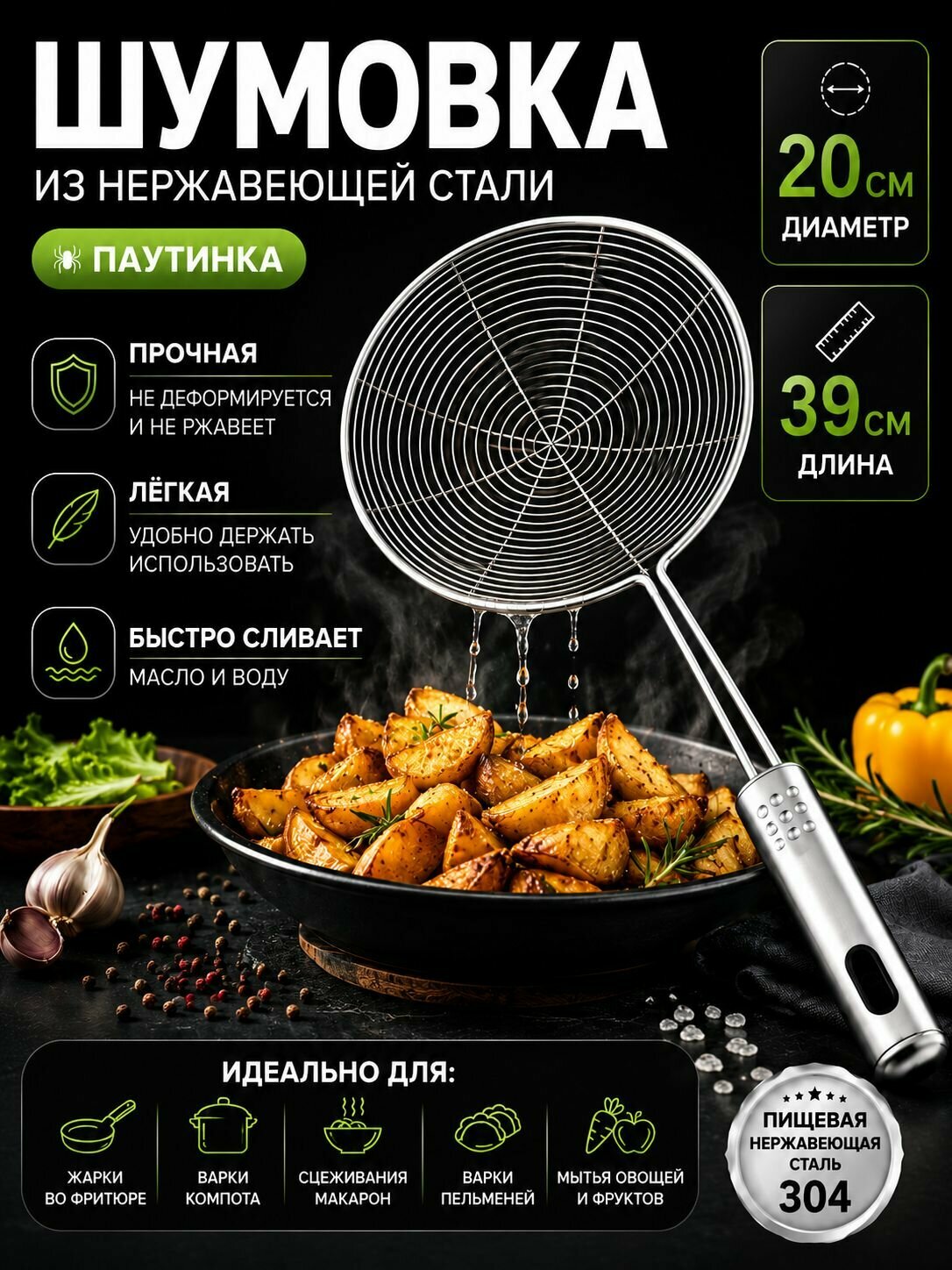 Шумовка из нержавеющей стали 42 см паутинка для фритюра