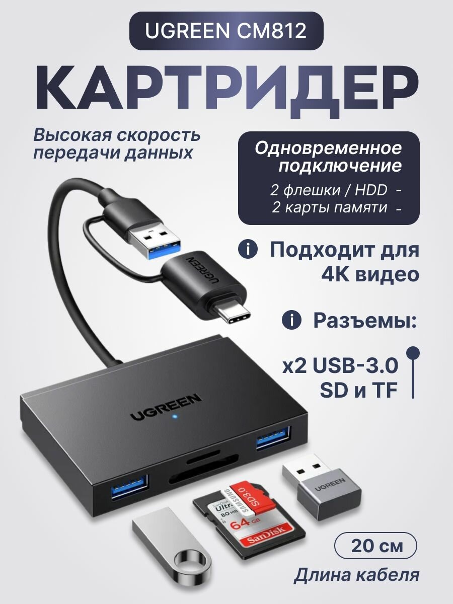 USB HUB с Type-C и Картридер портативный UGREEN CM812 (45167) 4-in-1 Card Reader