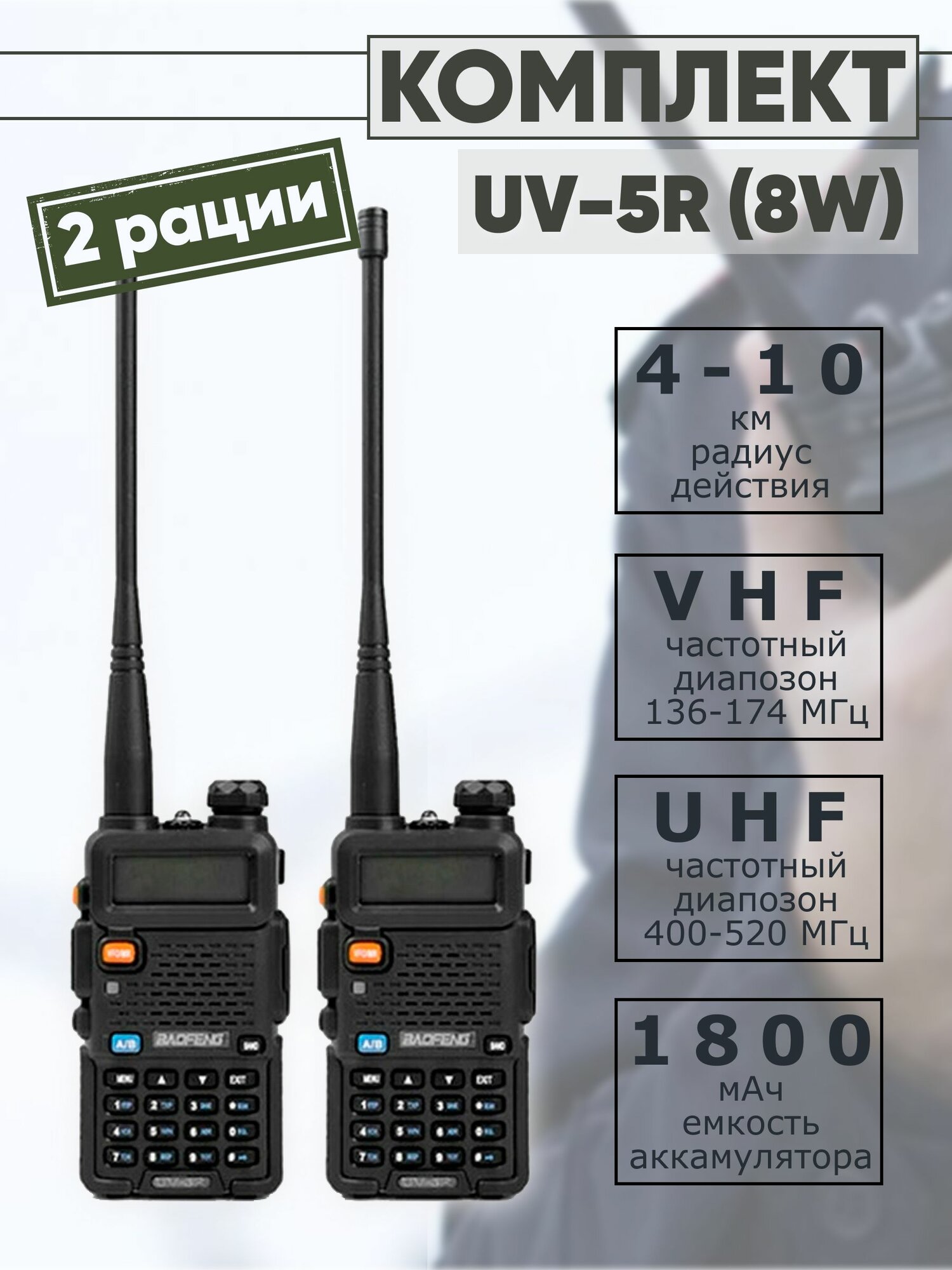 Комплект рации (радиостанций) Baofeng UV-5R 8W три режима мощности (2 Pack)