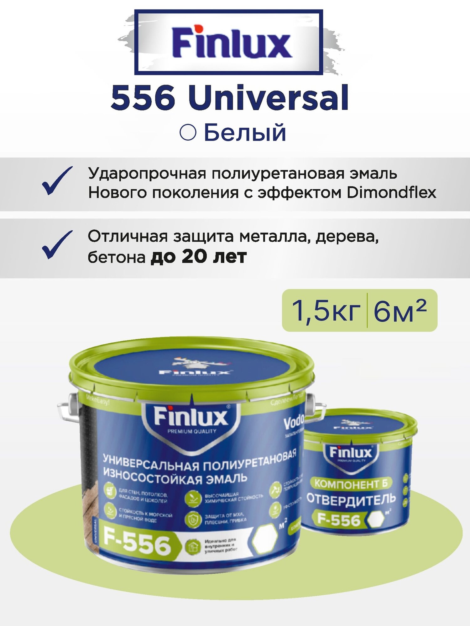 Эмаль полиуретановая Finlux F-556 Universal, белая, ударопрочная, полуглянцевая, для металла, дерева и бетона