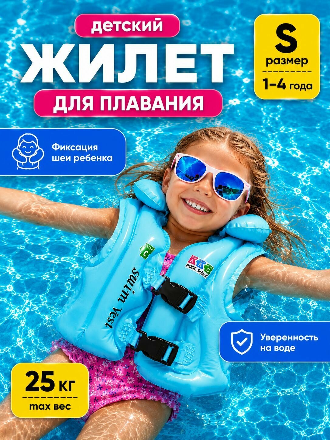 Жилет надувной детский для плавания Ж01 спасательный, размер S (C), 1-4 лет, голубой