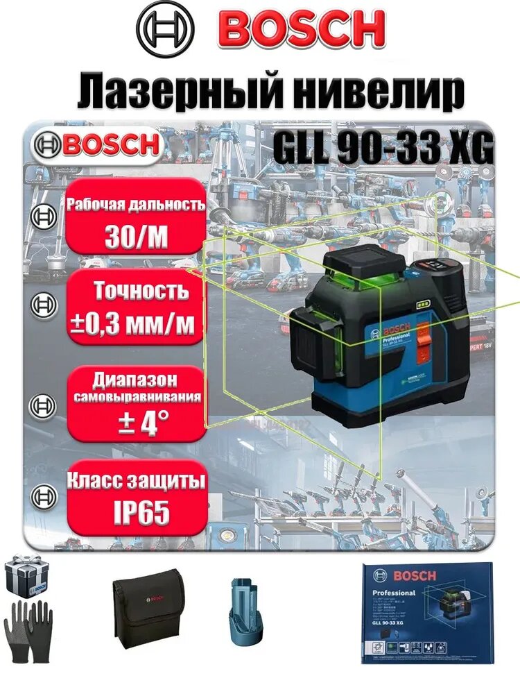 Лазерный уровень BOSCH GLL 90-33 XG 12 линий зеленый 3D самонивелирующийся