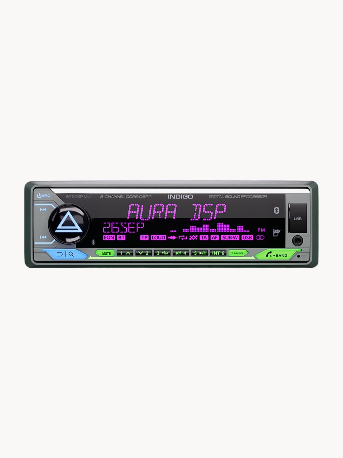 Магнитола AurA INDIGO-879DSP MkII, 8 каналов, DSP процессор, Bluetooth 5.1, FLAC, USB, настройка с приложения
