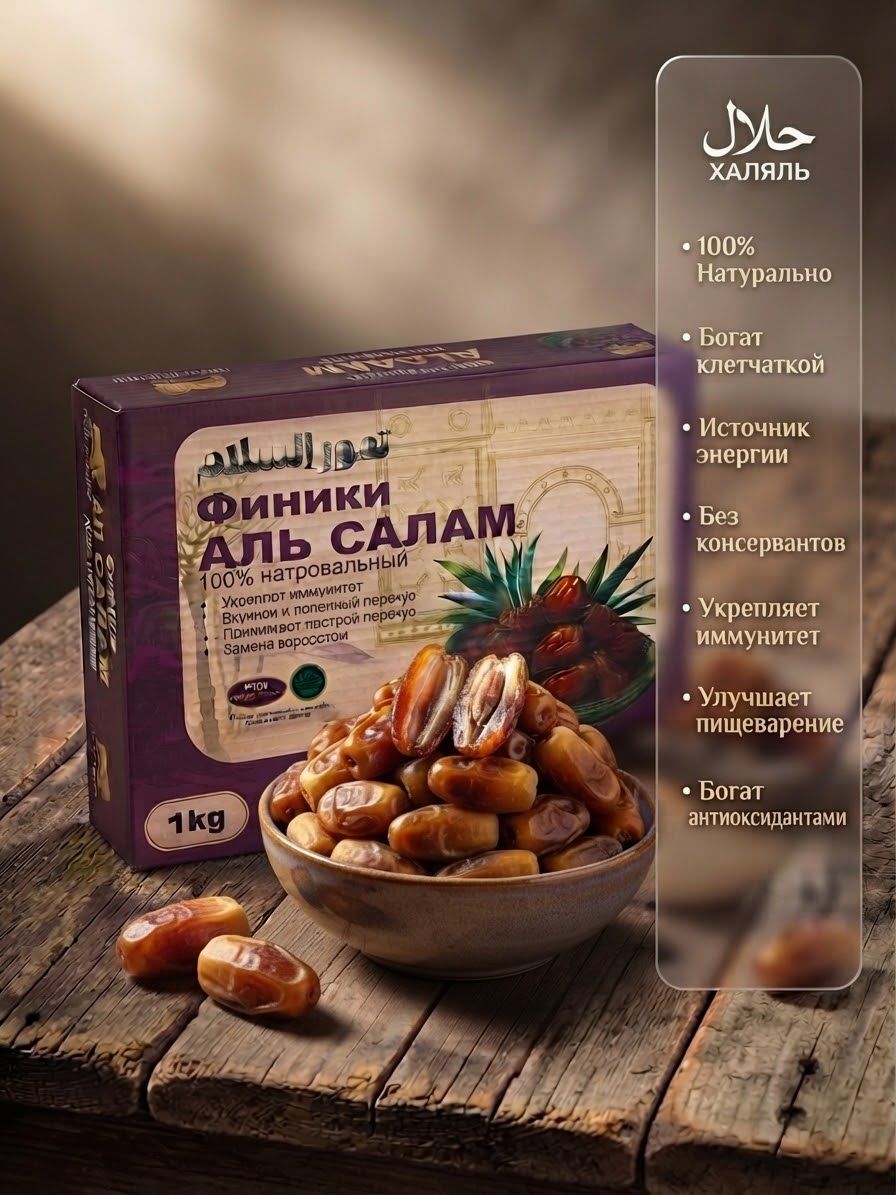 Финики Захиди АЛЬ салам сушеные натуральные без сахара в коробке, 1 кг