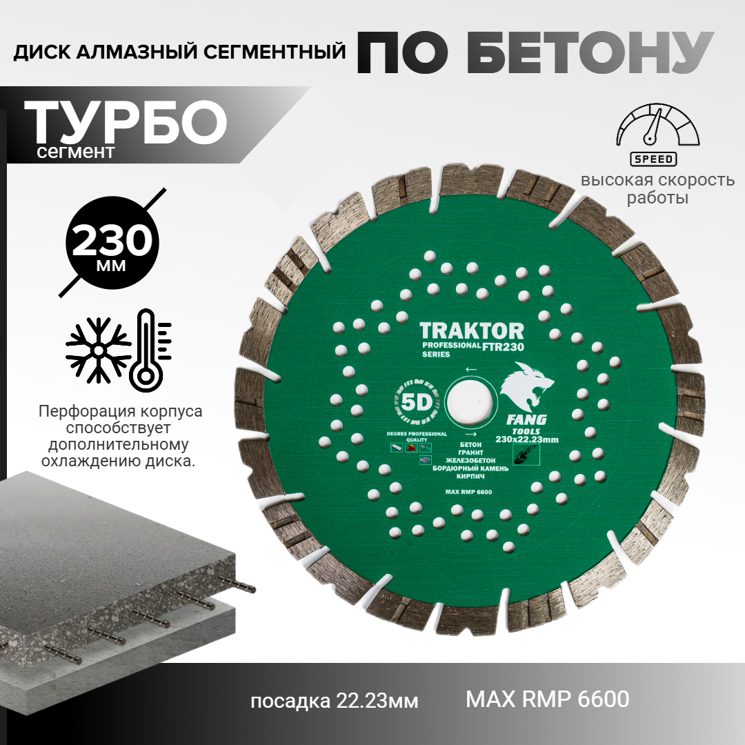 Диск алмазный по бетону турбо-сегментный 230х22.23 мм для ушм