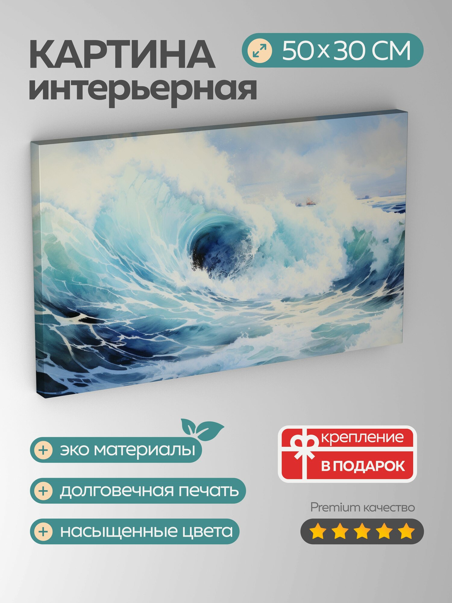 Картина на холсте интерьерная 50х30 см, акварельная картина, морской пейзаж, штормовой день, драматичные облака