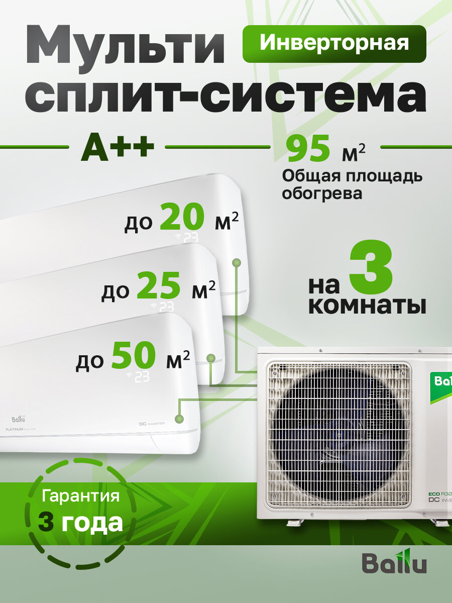 Mульти сплит-система на 3 комнаты 20+25+50м2 инвертор Ballu Free Match BA3OI-FM-27HN8/EU + BSUI-FM-07HN8/EU + BSUI-FM-09HN8/EU + BSUI-FM-18HN8/EU