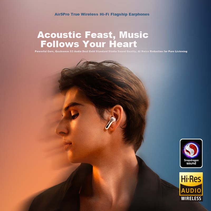SoundPEATS Air5 Pro True Wireless Hi-Fi Qualcomm Snapdragon Listening Wireless Earbuds Double Gold Studio Sound Quality High-pass S3 Audio Bluetooth 5.4 Phantom Black