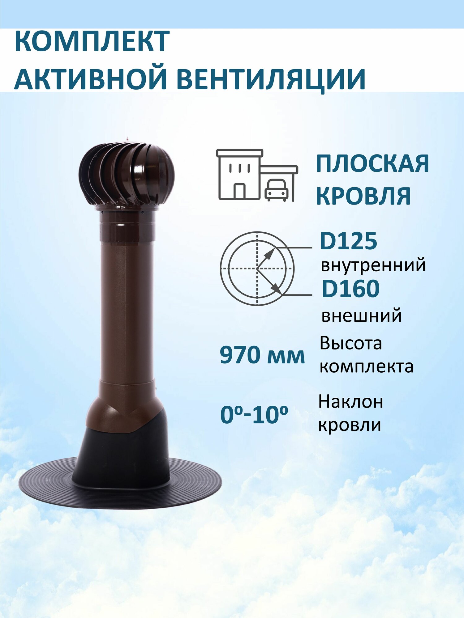 Комплект активной вентиляции: Турбодефлектор TD160, вент. выход утепленный высотой Н-700, для плоской кровли, RAL8017