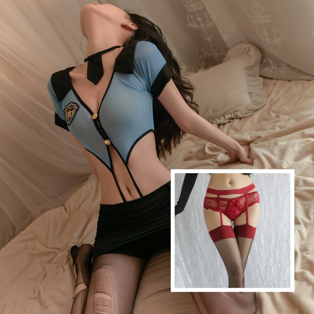 Пижама "Пламенное желание", XL, синяя, черная, красная, с черными носками и подвязками