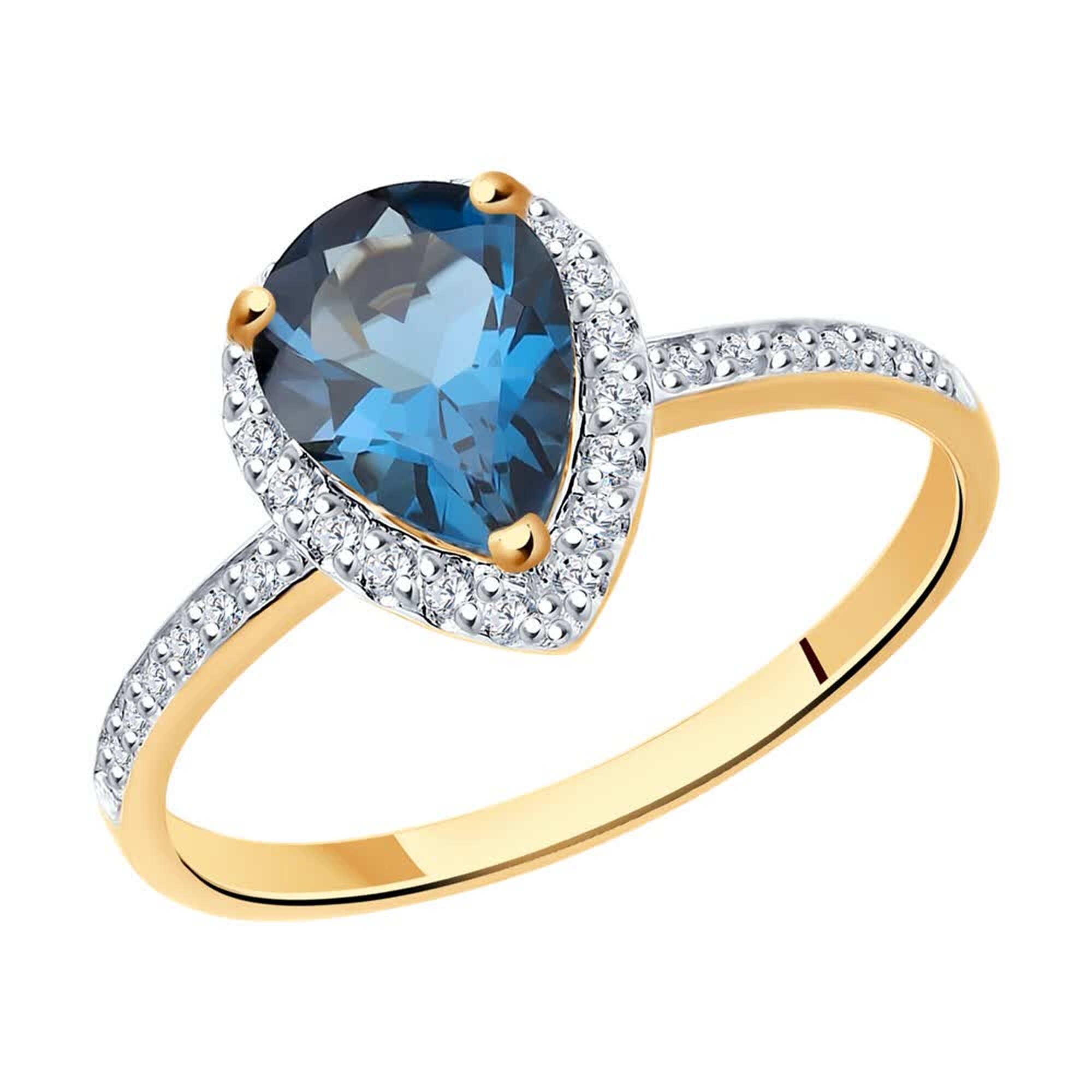 Кольцо, красное золото, 585 проба, Лондон топаз, фианит