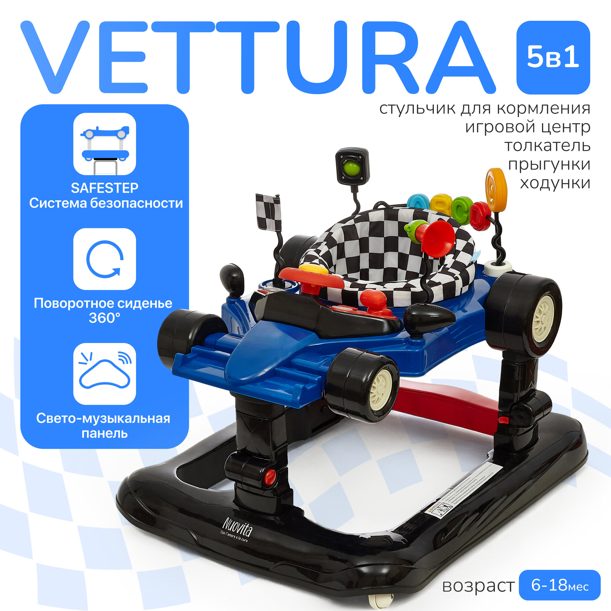 Ходунки детские Nuovita Vettura 4 в 1: ходунки, прыгунки, игровой центр, толкатель (Blu Nero/Сине-черный)