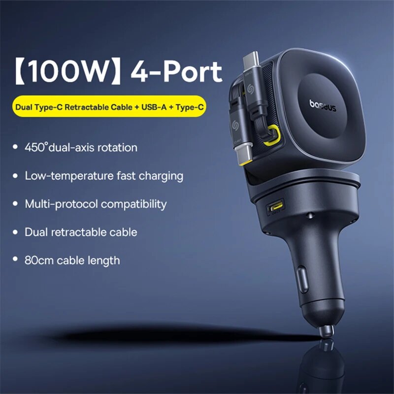 Автомобильное зарядное устройство Baseus 100W/240W с быстрой зарядкой PD/QC, двумя портами Type-C и выдвижным кабелем 450 ° Вращающийся держатель для ноутбуков, iPhone, Samsung, Xiaomi