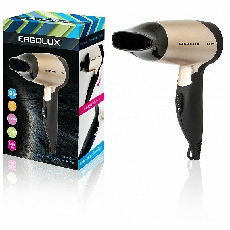 ERGOLUX ELX-HD01-C64 черный/золото PRO (фен со складной ручкой, 1200Вт, 220-240В), цена за 1 шт.