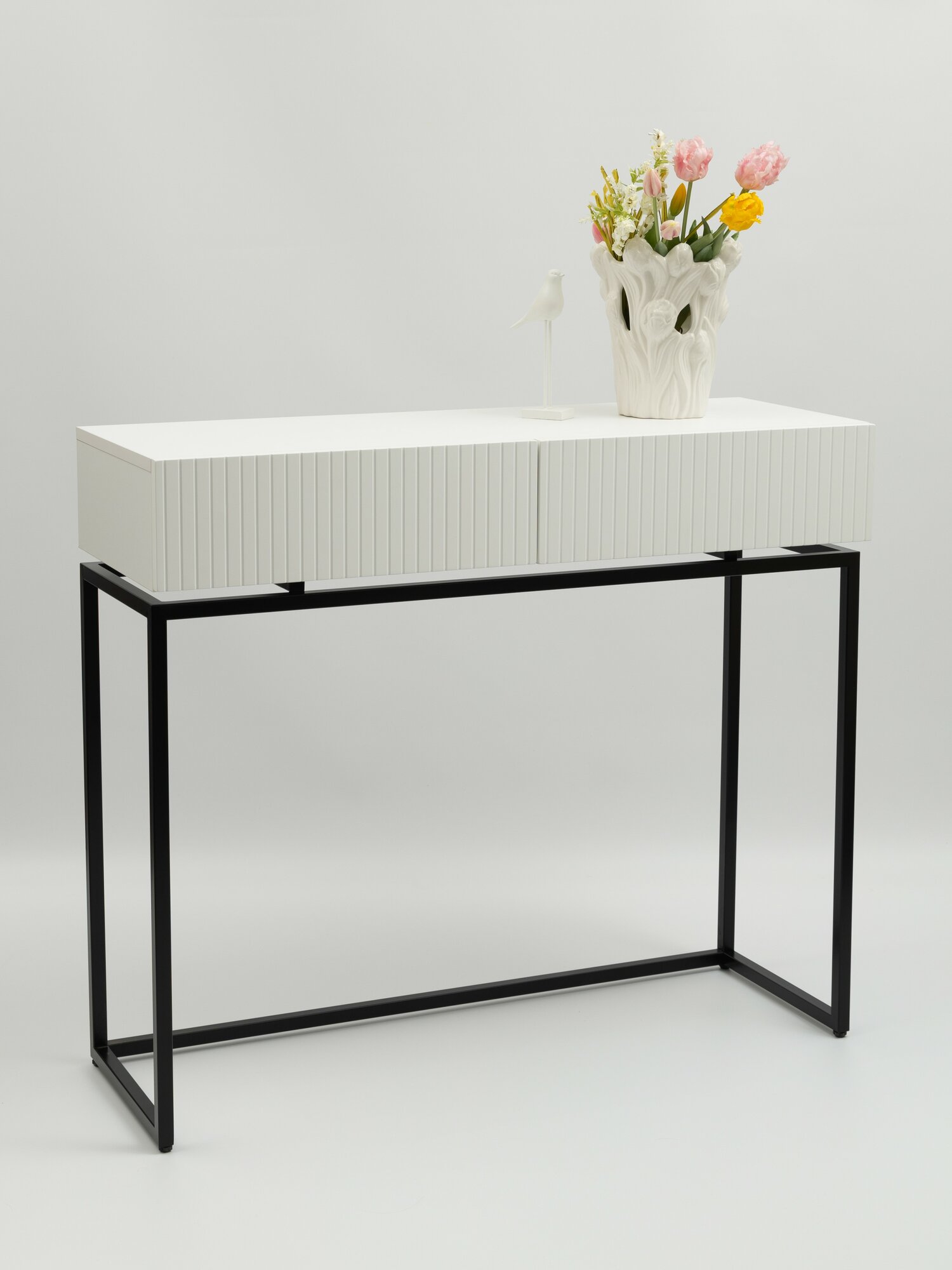 Туалетный столик консольный белый, 100х36х87 см на ножках черных, консоль в прихожую узкая с ящиками, Life