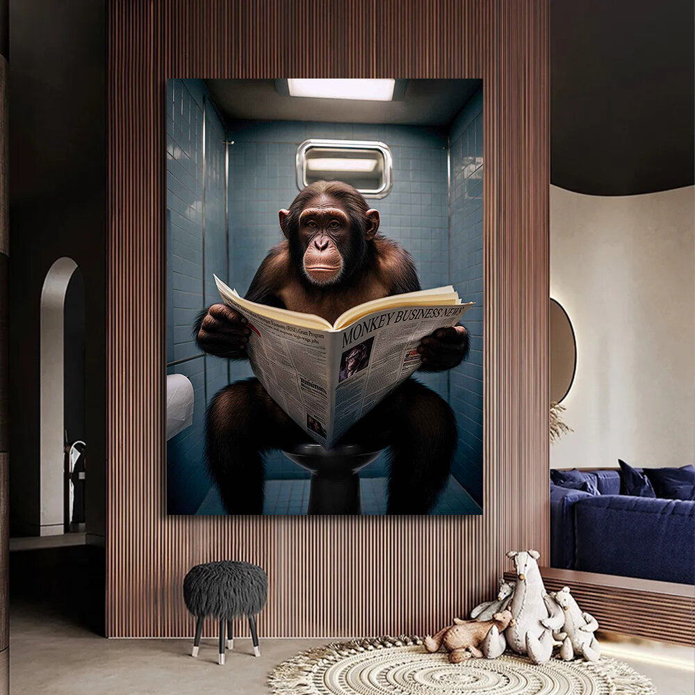 Картина на стену для интерьера - "Обезьяна в туалете читает газету. Животные в туалете и ванной комнате" , 20х30 см.