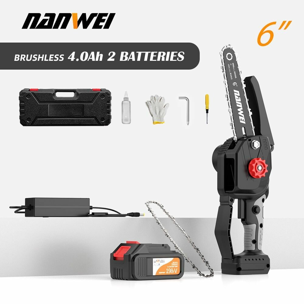 Электрические цепные пилы NANWEI 6" бесщеточная/21В/автоматическая смазка/5800 об/мин