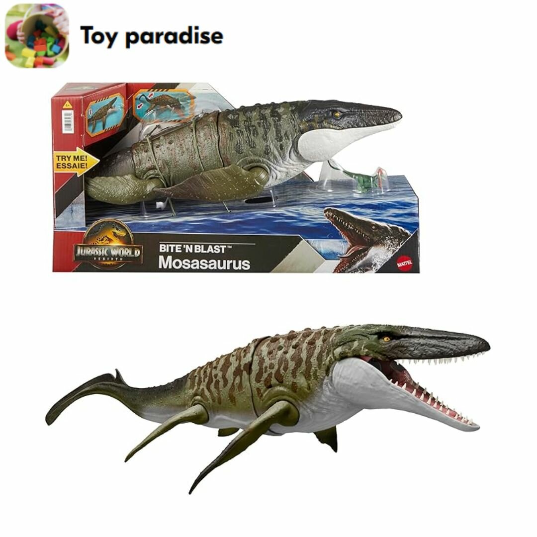 Фигурка мозазавра Bitten Blast от Mattel Jurassic World Rebirth и мини-дилофозавр, игрушечный динозавр с широкой челюстью, можно использовать в кино,2025NEW