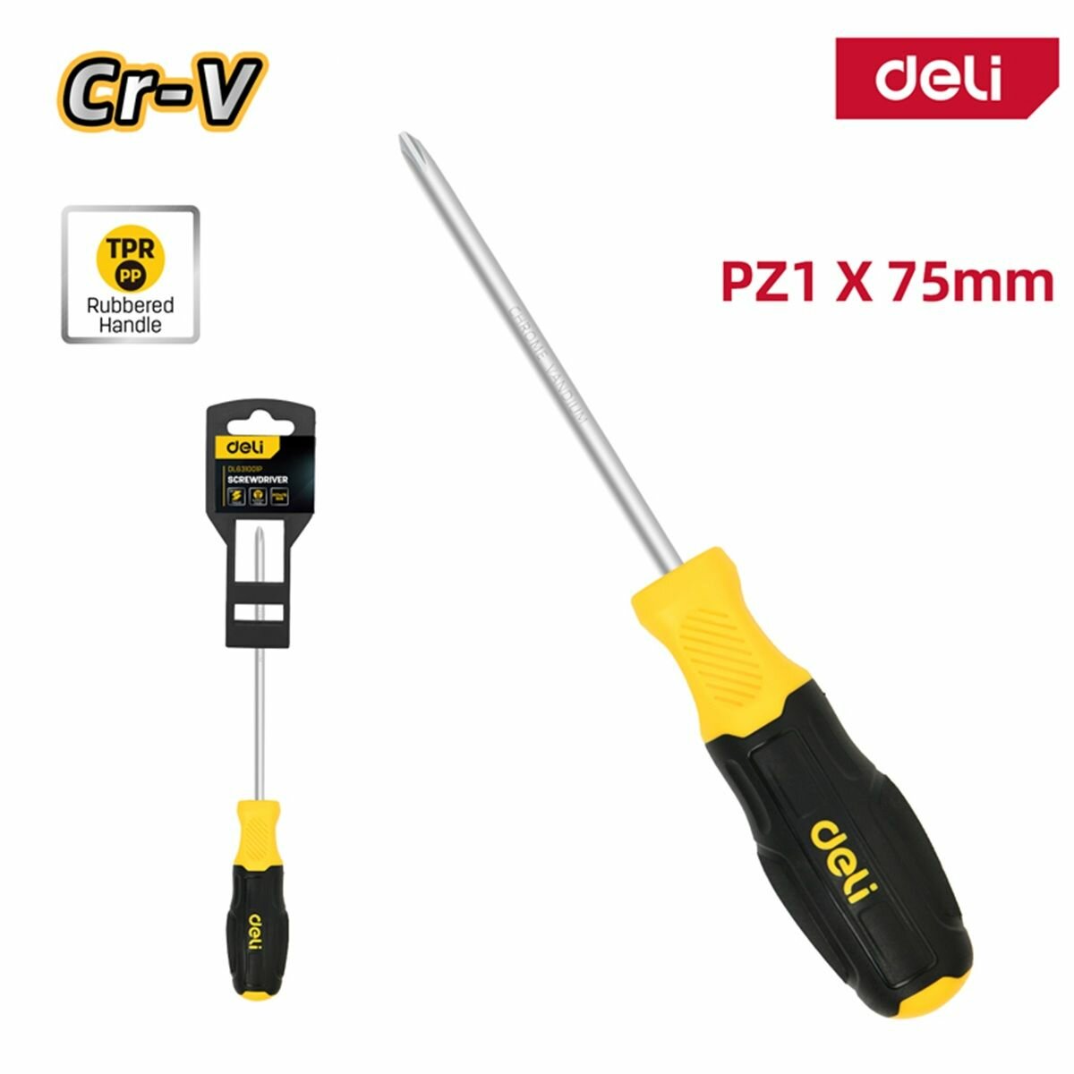 Отвертка Pozidriv PZ1x75мм Deli DL631001P сталь Cr-V, двухкомпонентная прорезиненная рукоять