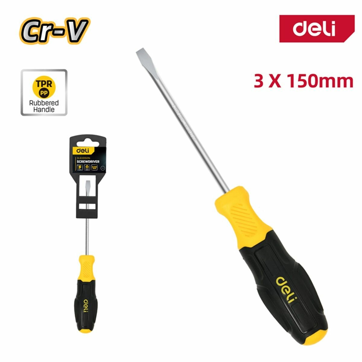 Шлицевая отвертка SL3х150мм Deli DL6331501N сталь Cr-V, двухкомпонентная прорезиненная рукоять