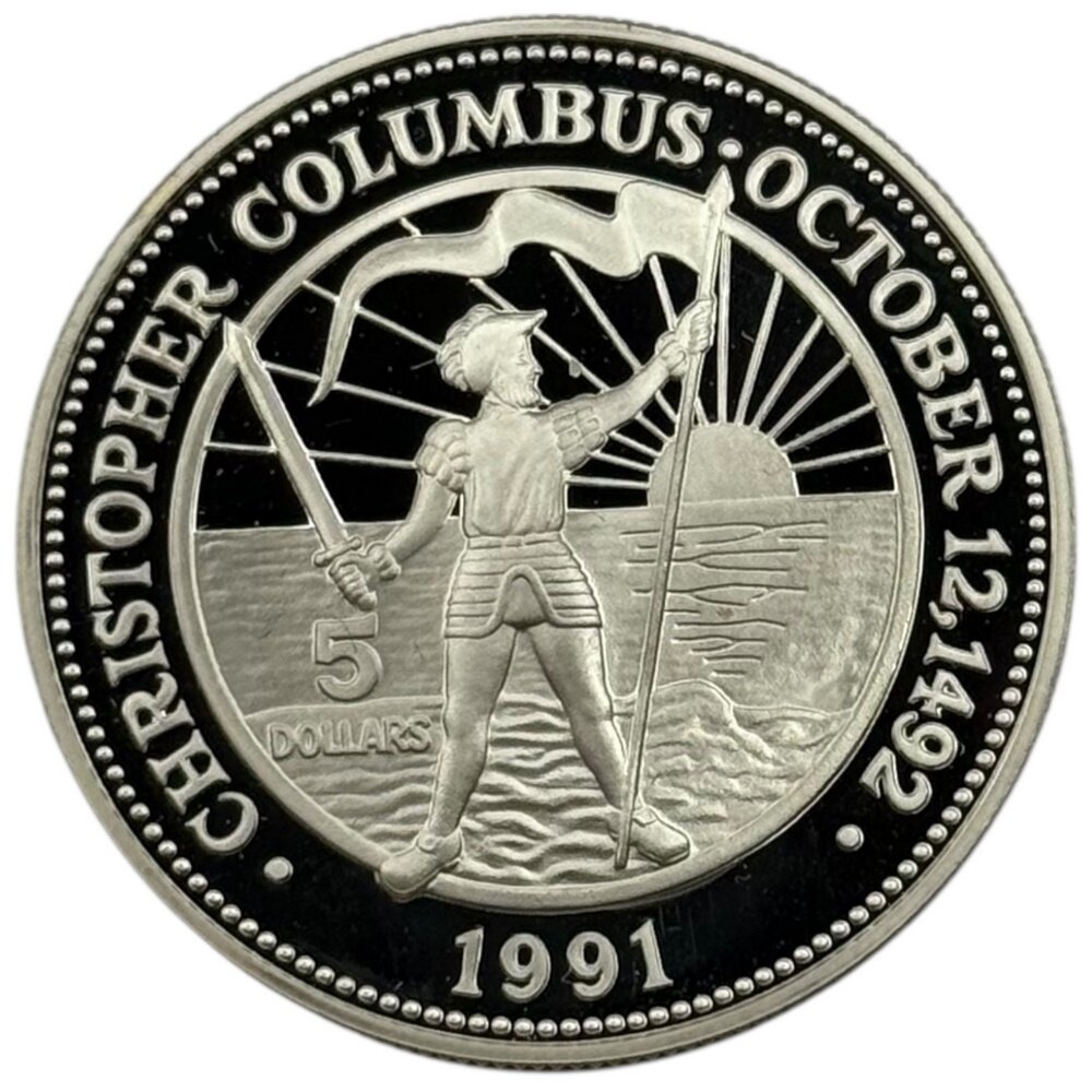 Багамские о-ва (Багамы) 5 долларов 1991 г. (500 лет открытию Америки - Колумб, 12.10.42) (Proof)