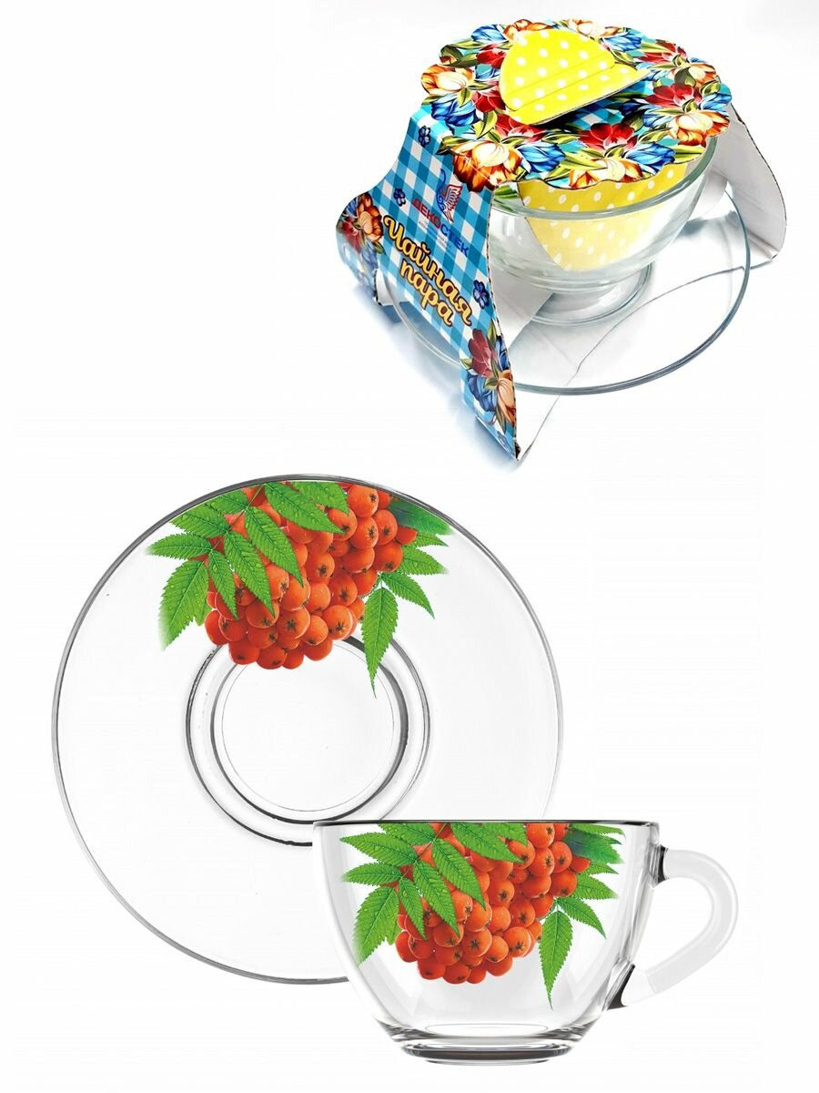 Чайная пара Гусь-хрустальный стеклянная 200 мл, Живая природа Рябинка, подарочная упаковка