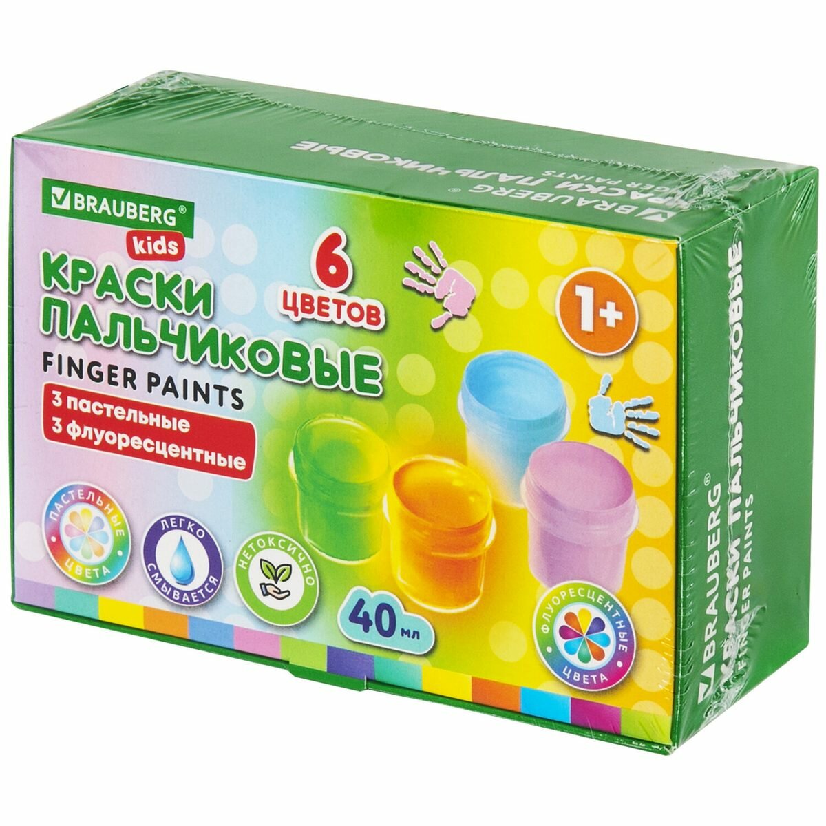 Краски пальчиковые 6 цветов Brauberg Kids, 3 пастельных + 3 флуоресцентных цвета, по 40мл (192400)