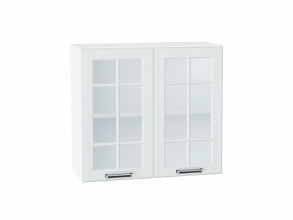 Шкаф верхний с 2-мя остекленными дверцами Прага, цвет фасада Белое дерево, цвет каркаса Белый, стекло Сатинато белое, 716*800*318 мм