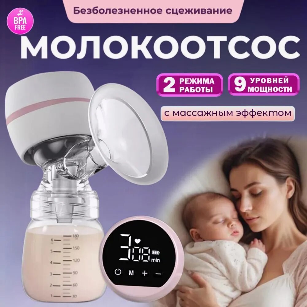 Молокоотсос электрический беспроводной, с бутылочкой для сцеживания молока, набор для кормления