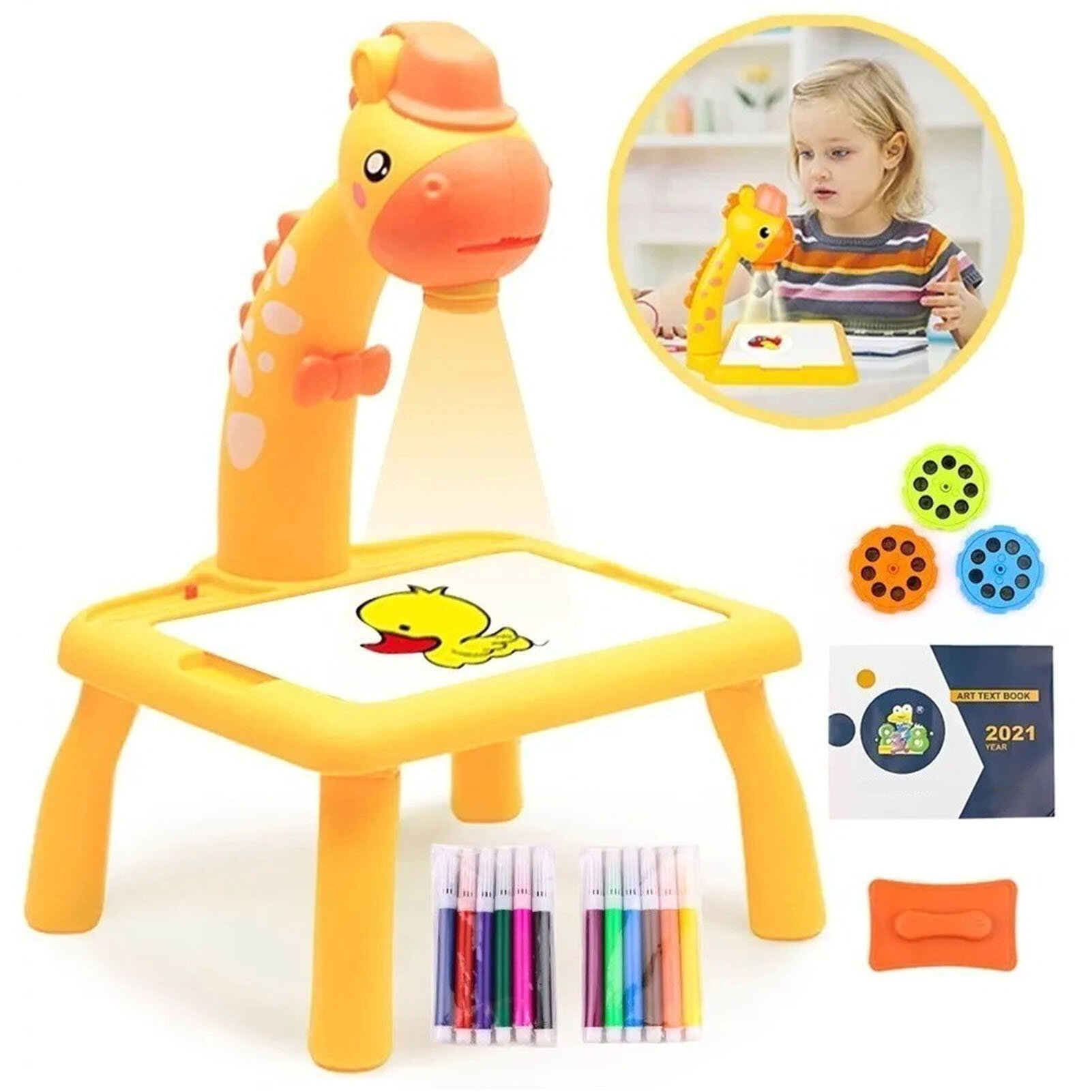 Игрушечная доска для рисования с проекцией, стираемая, красочная, с музыкой и подсветкой, для детей, жираф, желтый.