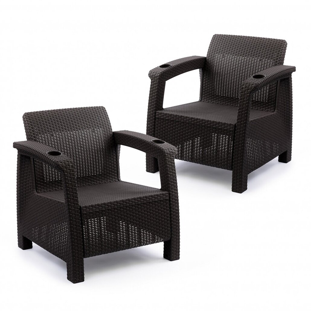Набор 2 кресел «Ротанг-плюс», пластик, цвет мокко, 79х70х73 см, подлокотники с подстаканниками