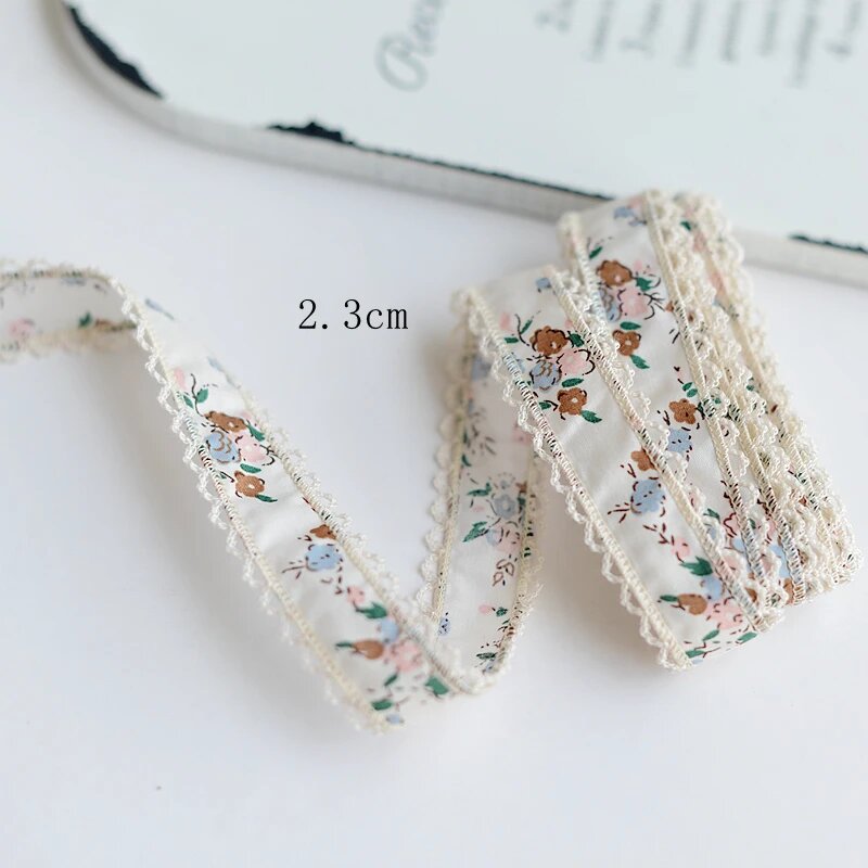 Хлопковая лента с цветочным принтом, 2.3 см, ivory