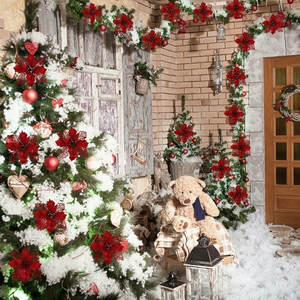 10 шт, рождественские блестящие цветы пуансеттии, рождественские украшения, многоразовые искусственные цветы